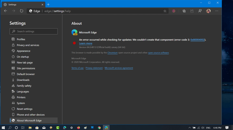 Fix Error Code 3 0x80004002 Edge Canary V84 Not Updating And Shows