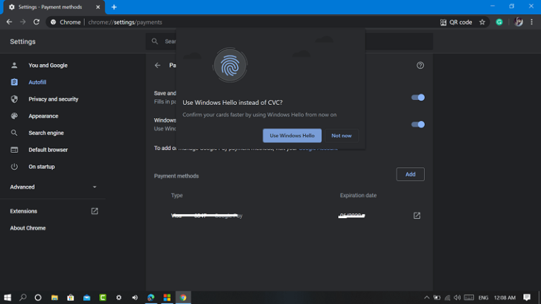 How to Make Payments in Google Chrome using Windows Hello