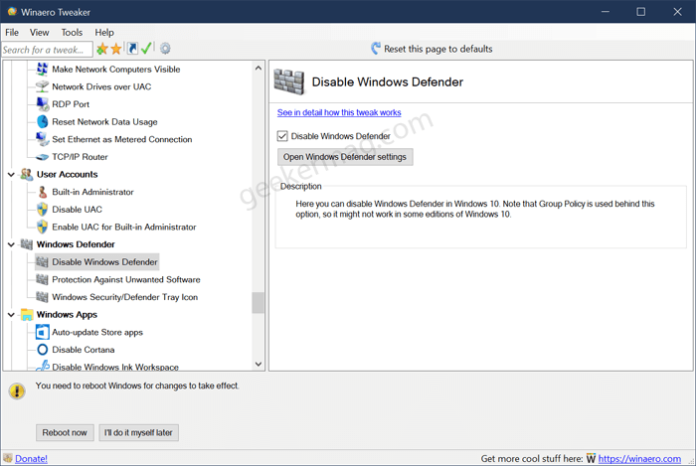 AntiSpyware option not disabling Windows Defender in Win 10