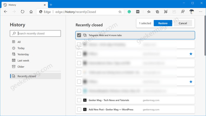 Restore Multiple Tabs in Microsoft Edge from History Menu/Page