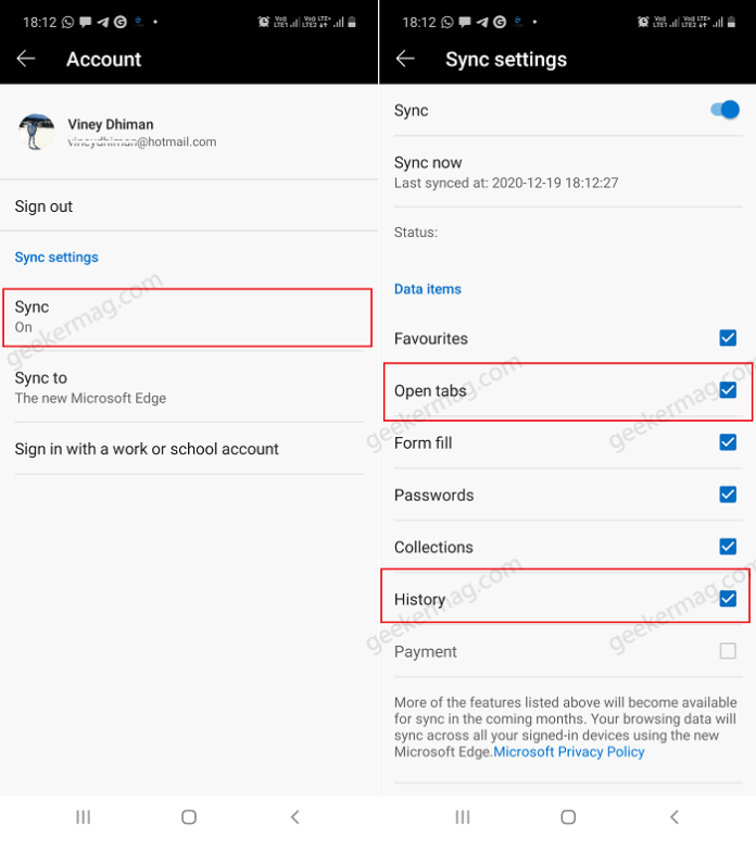 Microsoft Edge for Android let you Sync Open Tabs and History