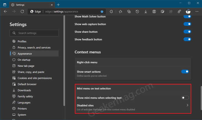 How to Enable & Disable Mini Menu on Text Selection in Edge