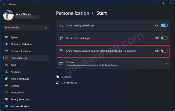 How to Remove Recommended (Recently Opened) Files from Windows 11 Start Menu