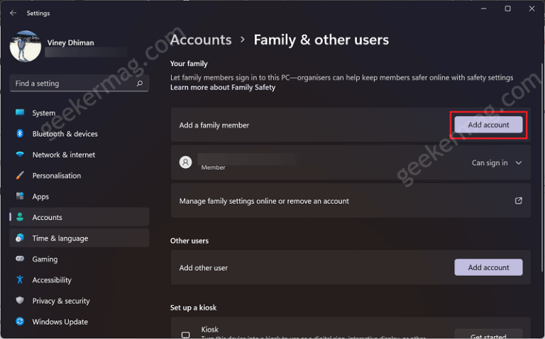 How to Add or Remove Family Member Account in Windows 11 PC