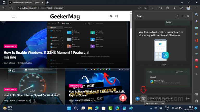 Microsoft Edge Drop panel now has its own Screenshot tool